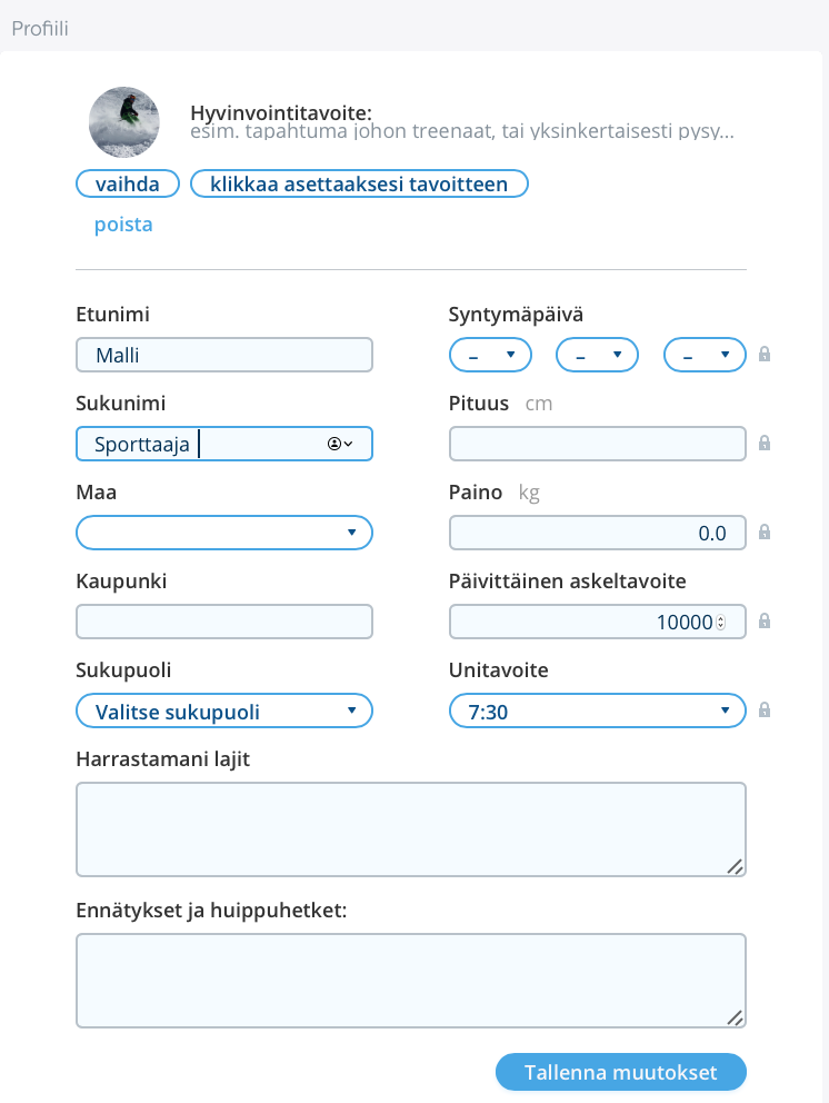 Profiili ja käyttäjätilin asetukset (selain)